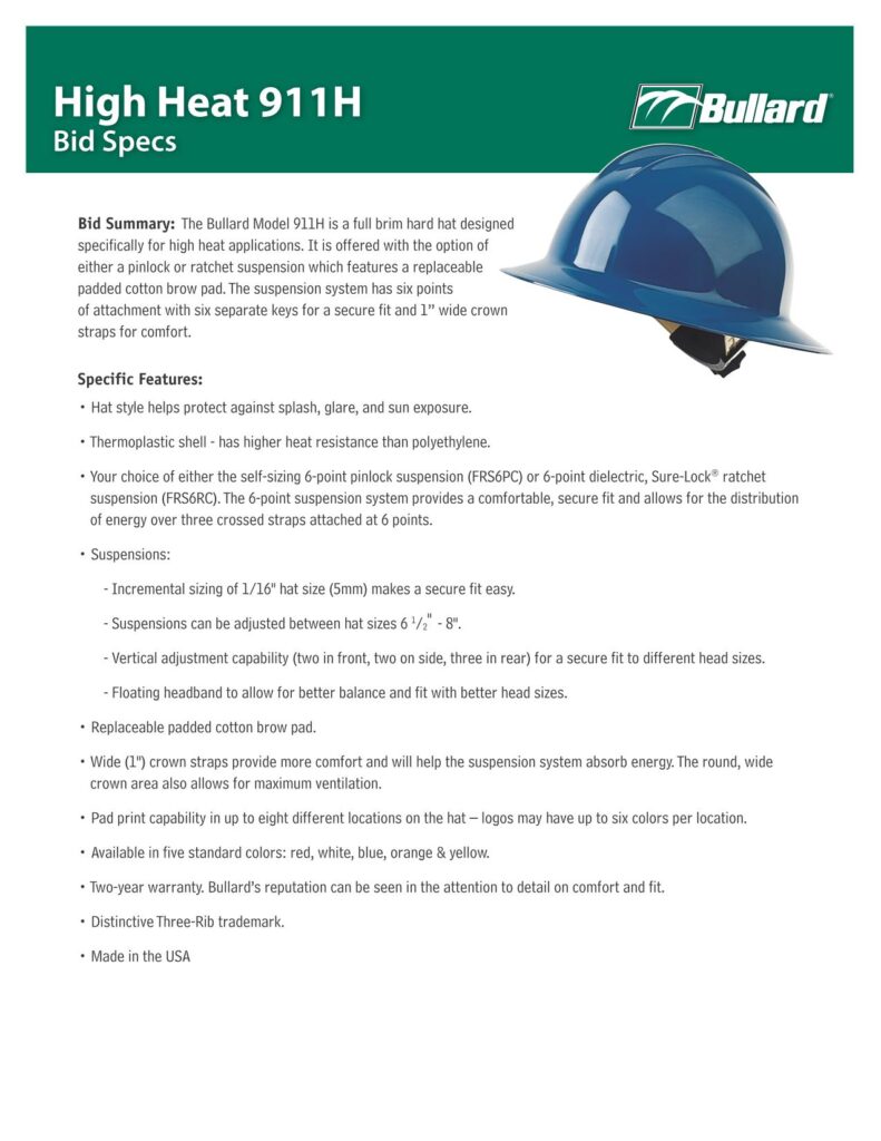 Nón bảo hộ Bullard 911H - Công Ty Bảo Hộ Lao Động Lasa